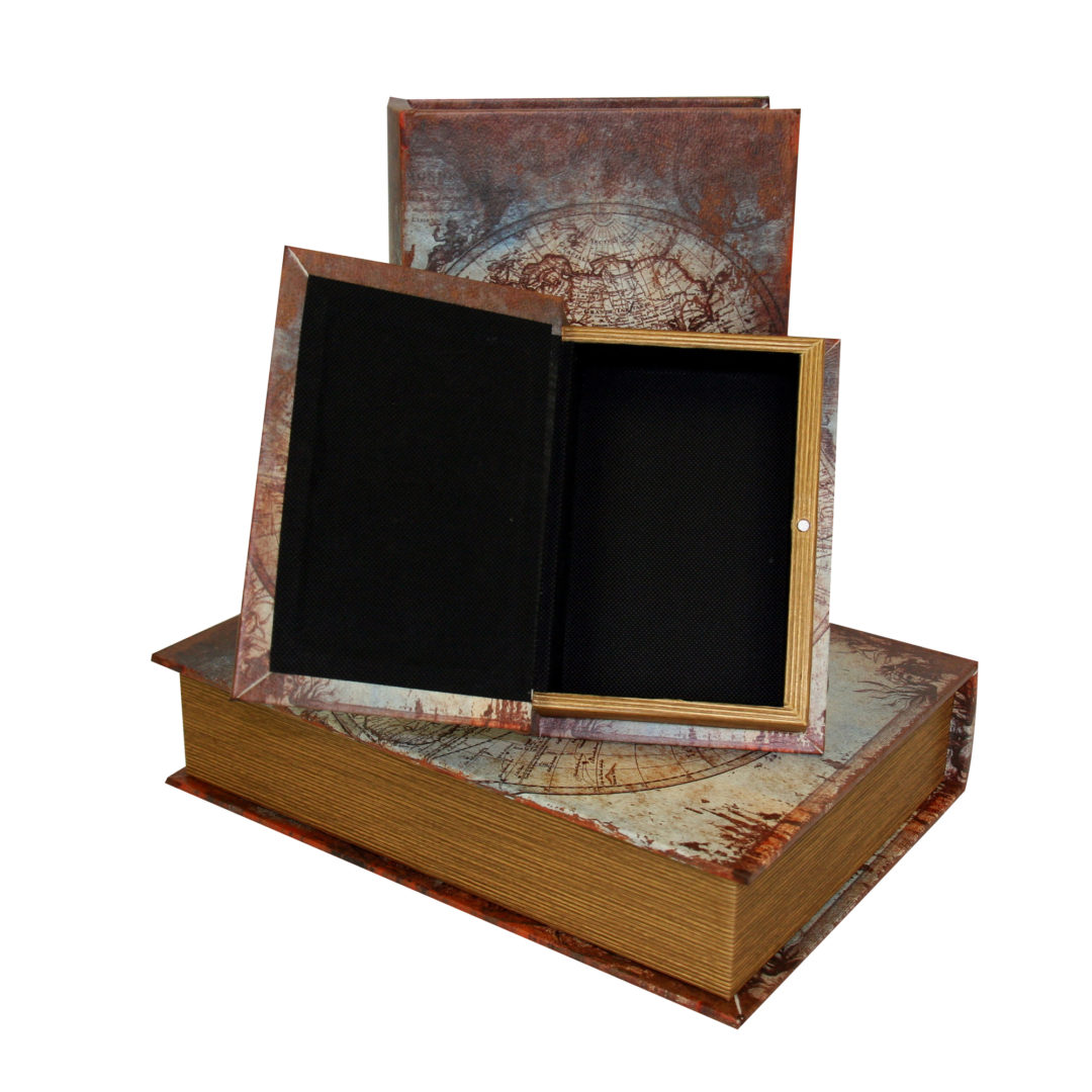 Rusty Map Look Lined Book Box Set w/ Magnet, S/3 | Boxman